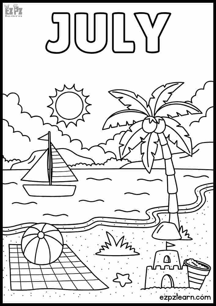 July Interactive Beach Coloring Page. Color Online, Download and Print. - Ezpzlearn.com